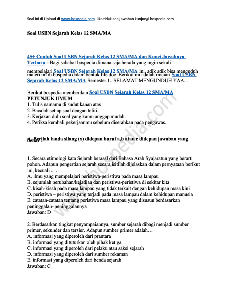 PDF 45 Contoh Soal Usbn Sejarah Kelas 12 Sma Ma Dan Kunci Jawabnya ...