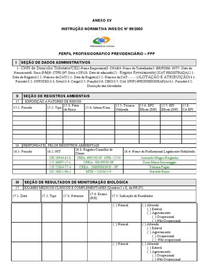 Form - PPP - Anexo XV 09-01-04 | Aposentadoria | Informação Governamental