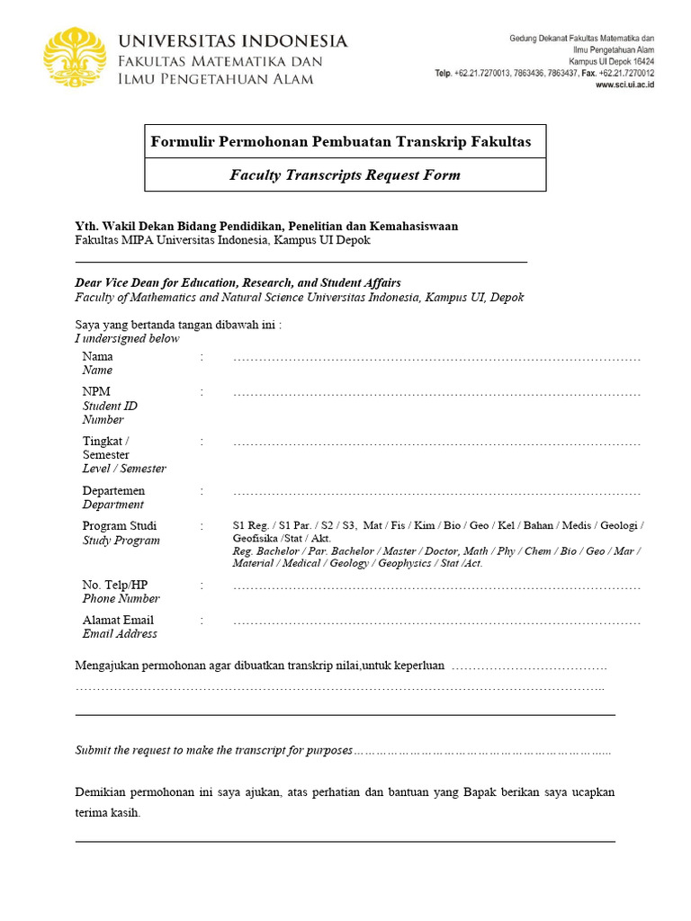Formulir Permohonan Transkrip Nilai (Faculty Transcripts Request Form) | PDF