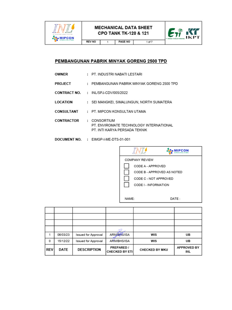 EIMGP-I-ME-DTS-01-001 R.1 Mechanical Data Sheet CPO Tank (TK-120-121) | Download Free PDF | Pipe ...