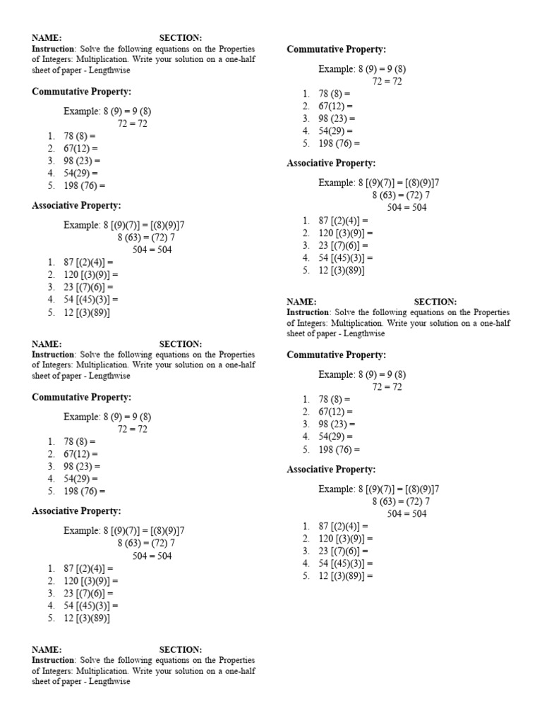 WW5 - Properties of Integers - Multiplication | PDF | Equations ...