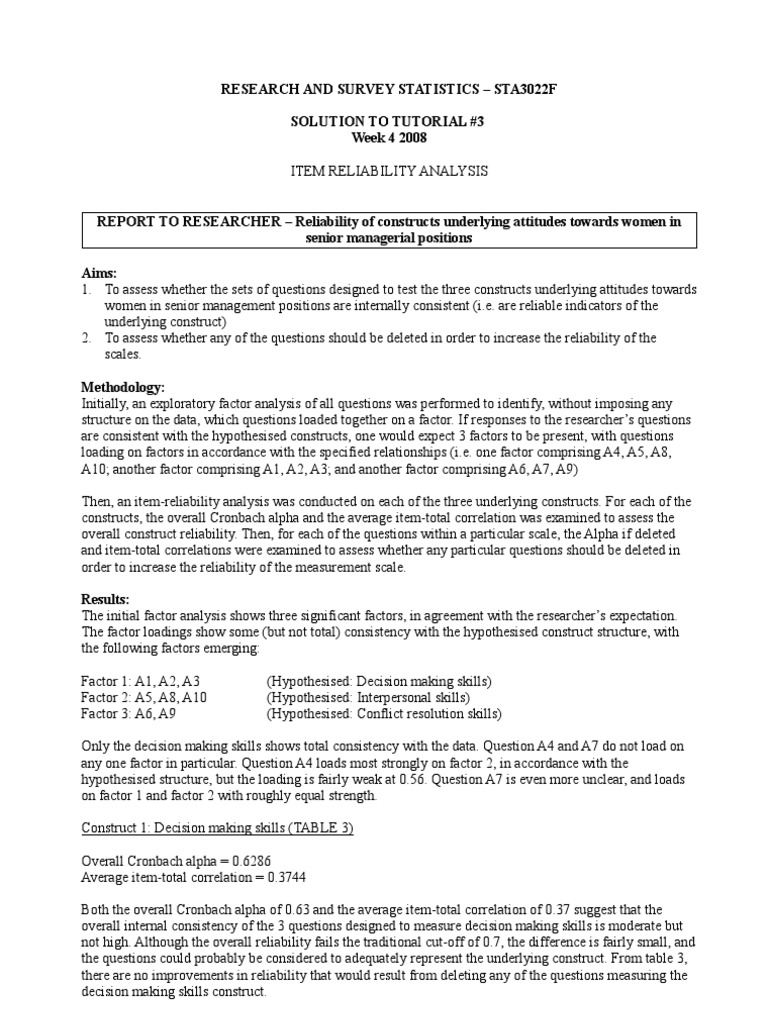 Solutions To Tutorial 3 Item Reliability Analysis | PDF