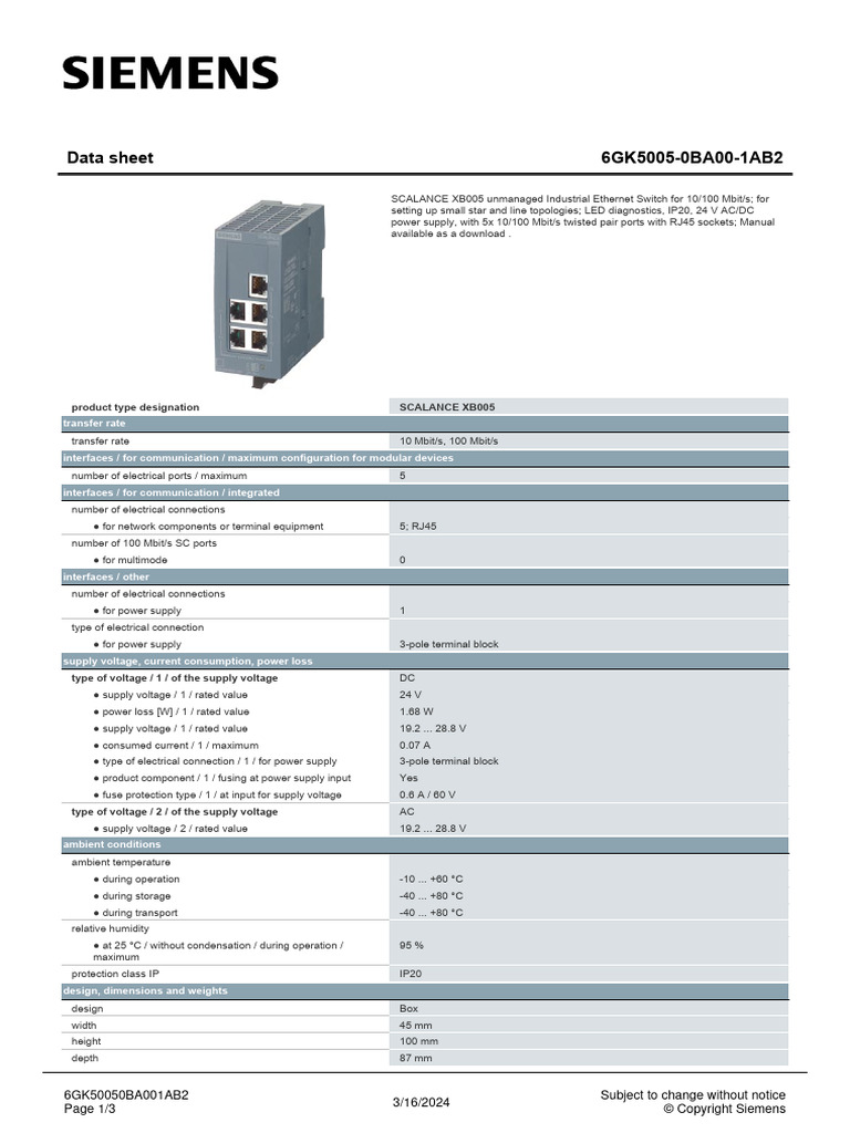 FICHA TECNICA SIEMENS 6GK5005-0BA00-1AB2 | PDF | Power Supply | Fuse ...