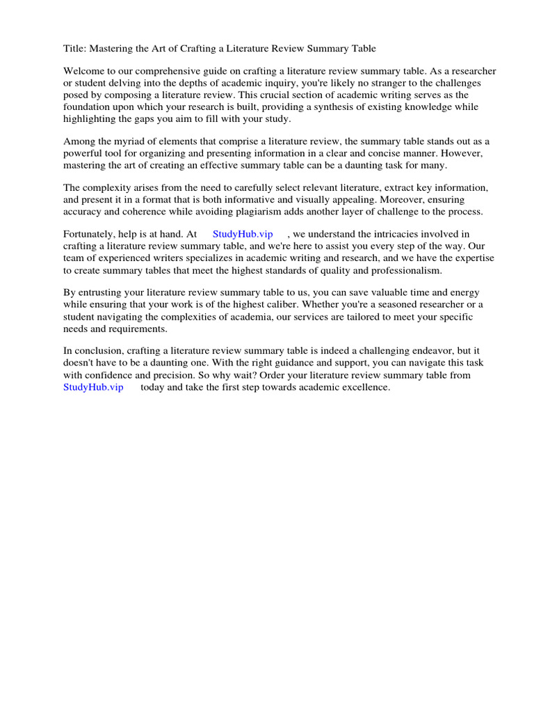 How To Write A Literature Review Summary Table | PDF