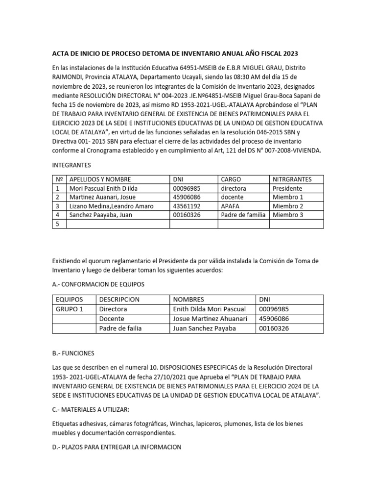 ACTA DE INICIO DE PROCESO DETOMA DE INVENTARIO ANUAL AÑO FISCAL 2023 | PDF