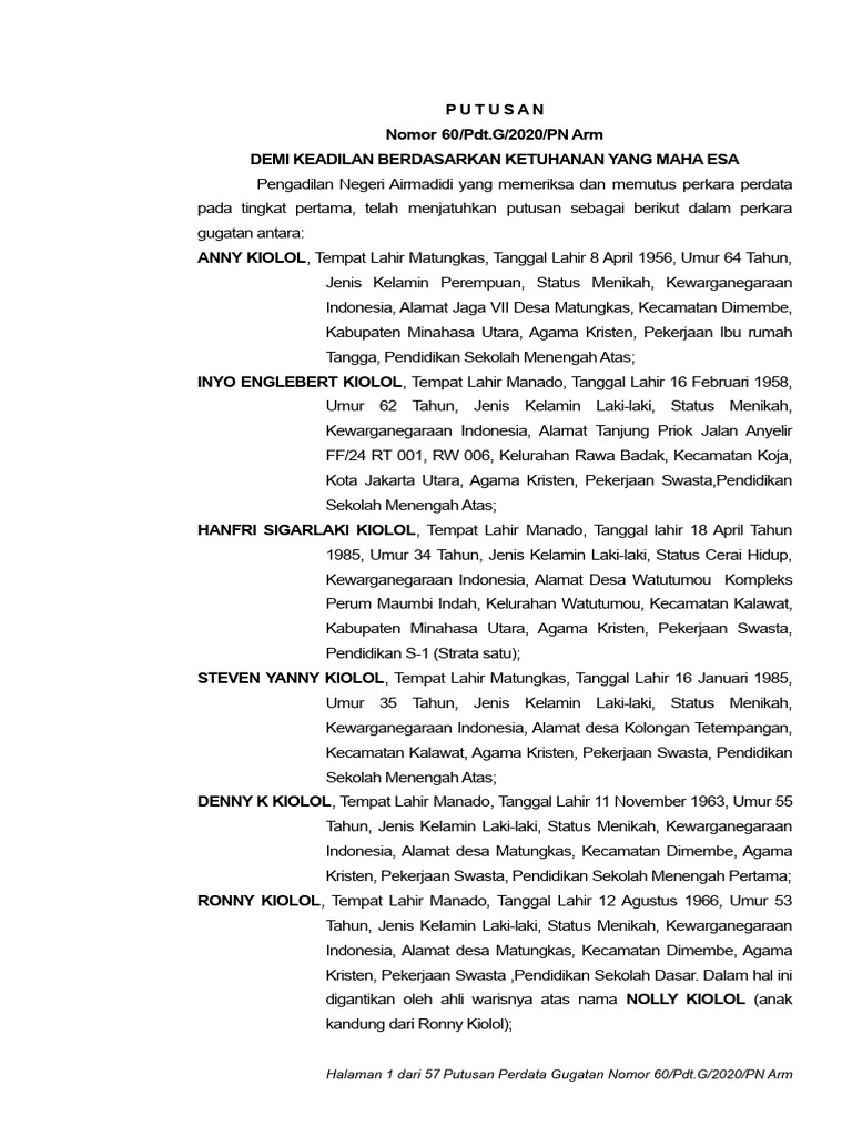 Putusan Perkara Perdata Nomor 60 PDT.G 2020 PN Arm | PDF