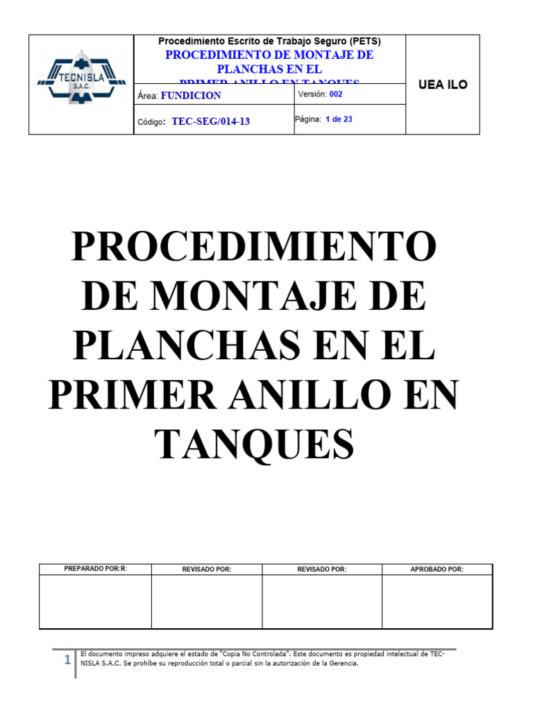 Procedimiento de Montaje de Planchas en El Primer Anillo en Tanques | PDF | Soldadura | Construcción