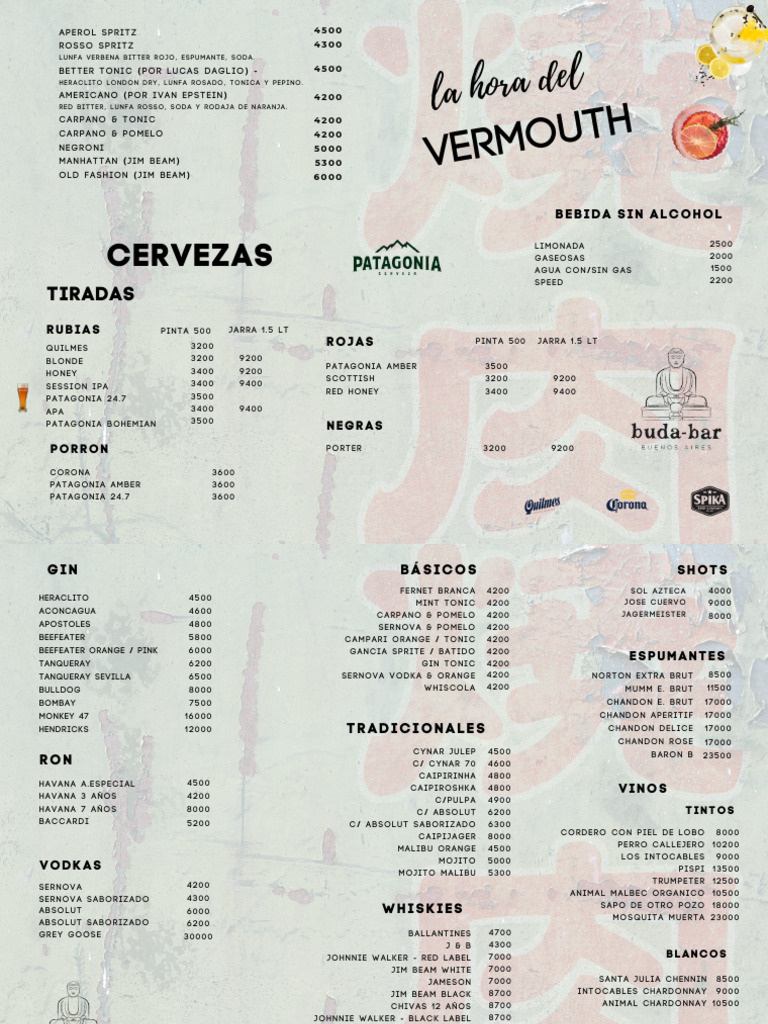 Carta de Bebidas - Buda Bar | PDF | Cocina, comidas y vino