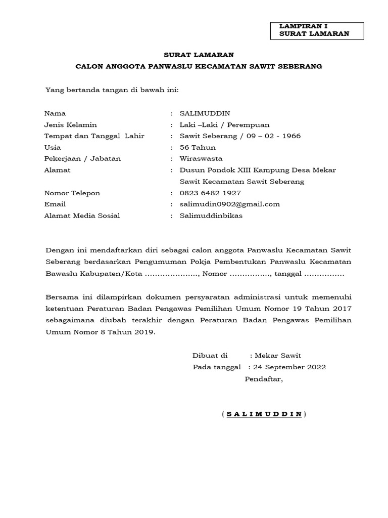 Surat Lamaran Panwas | PDF