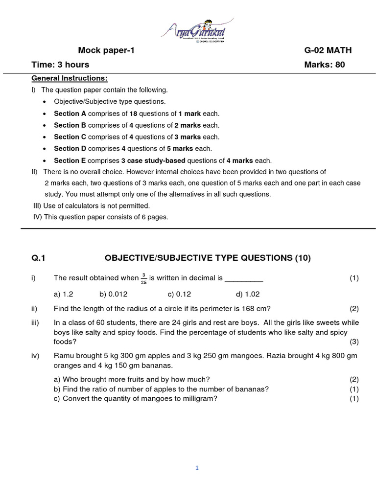 Mock Paper Grade 7 2023-24 | PDF