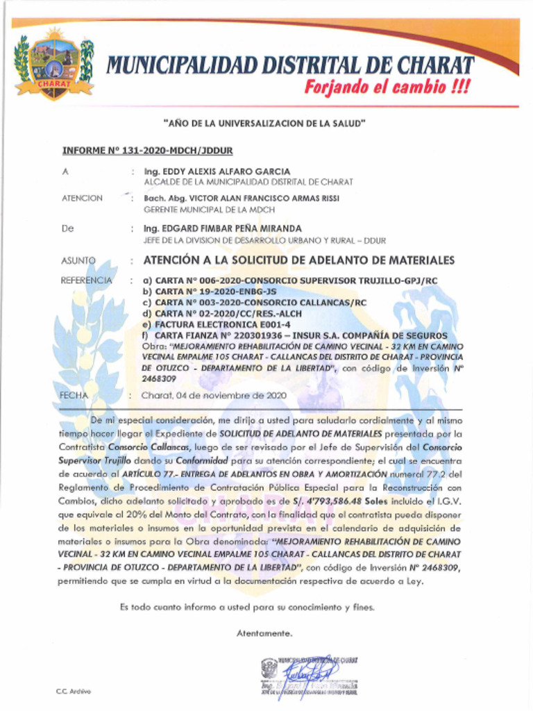 INFORME DE SOLICITUD DE ADELANTO DE MATERIALES | PDF