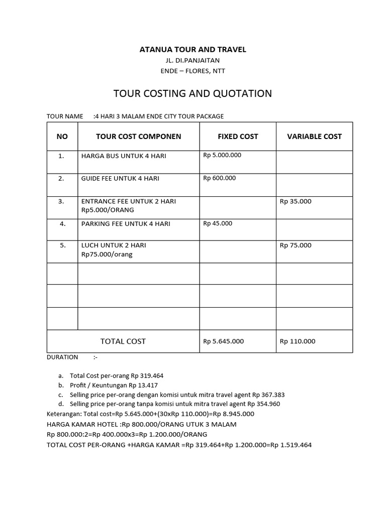 FORMAT TOUR COSTING UJI PRAKTEK NOPEMBER 2022 | PDF