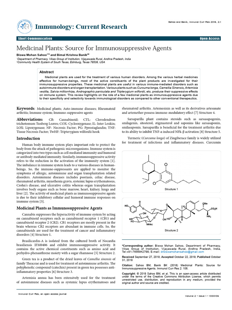 Medicinal Plants Source For Immunosuppressive Agents | PDF | Immune ...