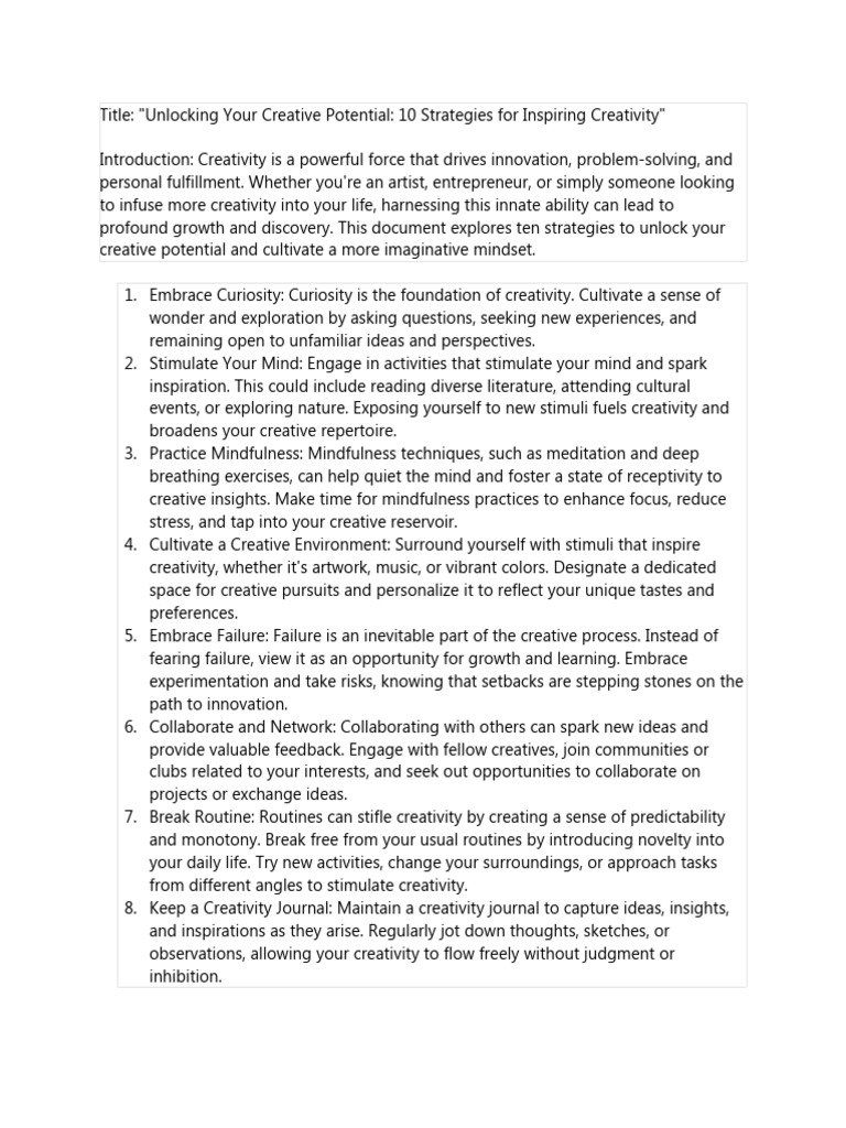 Unlocking Your Creative Potential 10 Strategies For Inspiring Creativity | PDF | Creativity ...