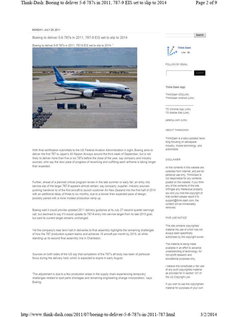 Boeing To Deliver 787 | PDF | Aviation