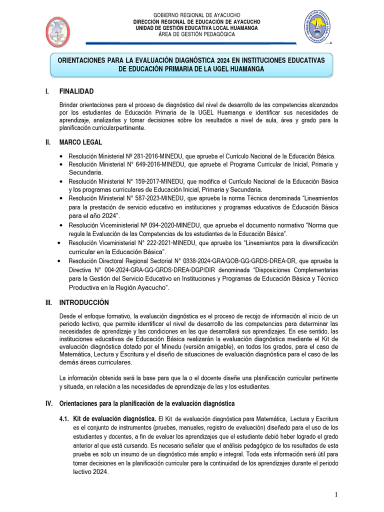 Orientaciones Para La Evaluación Diagnóstica 2024 Pdf Evaluación 0827
