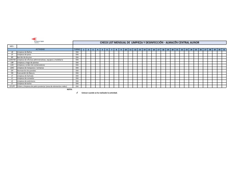 Check List Diario de Limpieza y Desinfección Almacén | PDF