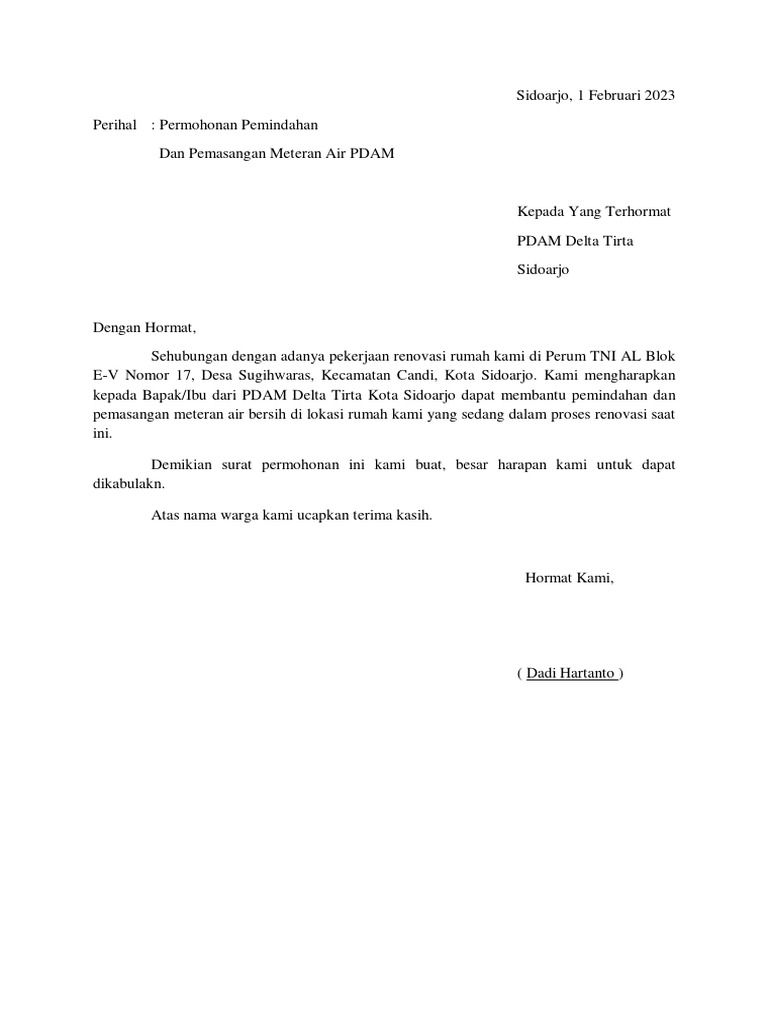 Permohonan Pemindahan Meteran Air PDAM | PDF