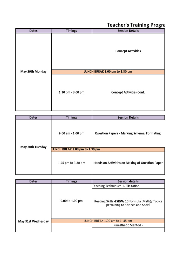 Teacher's Training Schedule | PDF