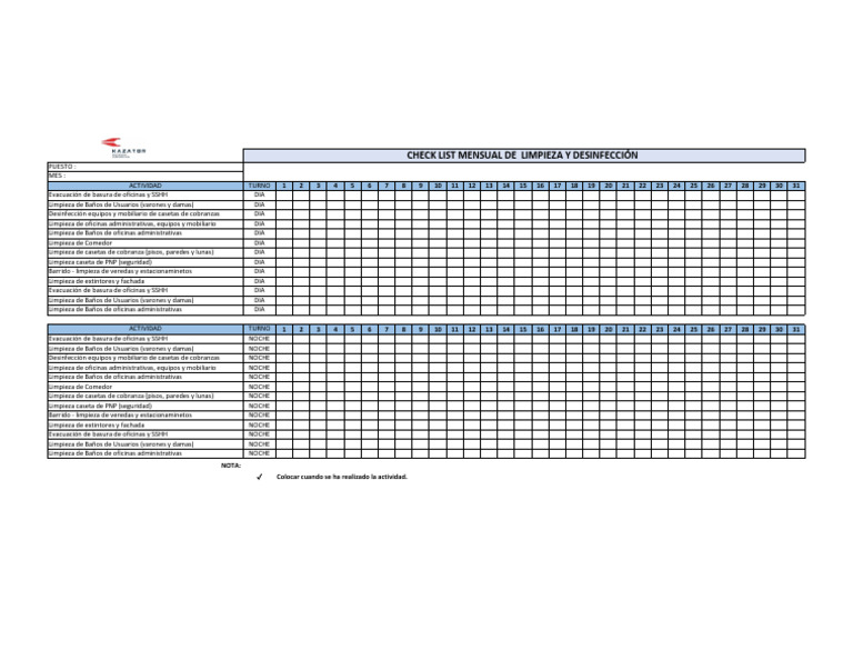 Check List Diario de Limpieza y Desinfección | PDF