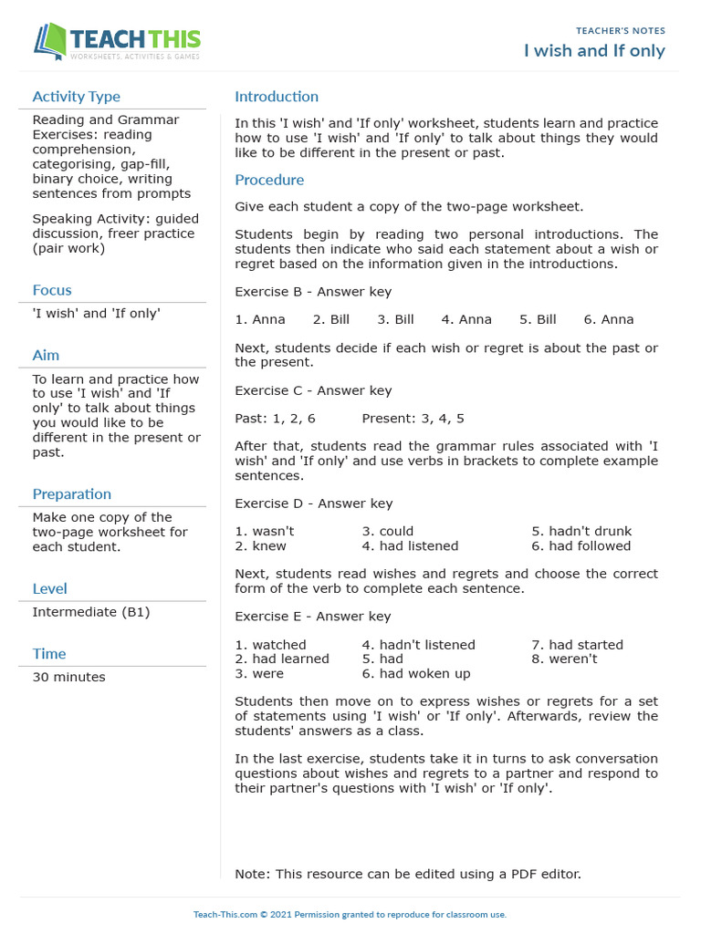 I Wish and If Only Worksheet | PDF | Human Communication | Linguistics