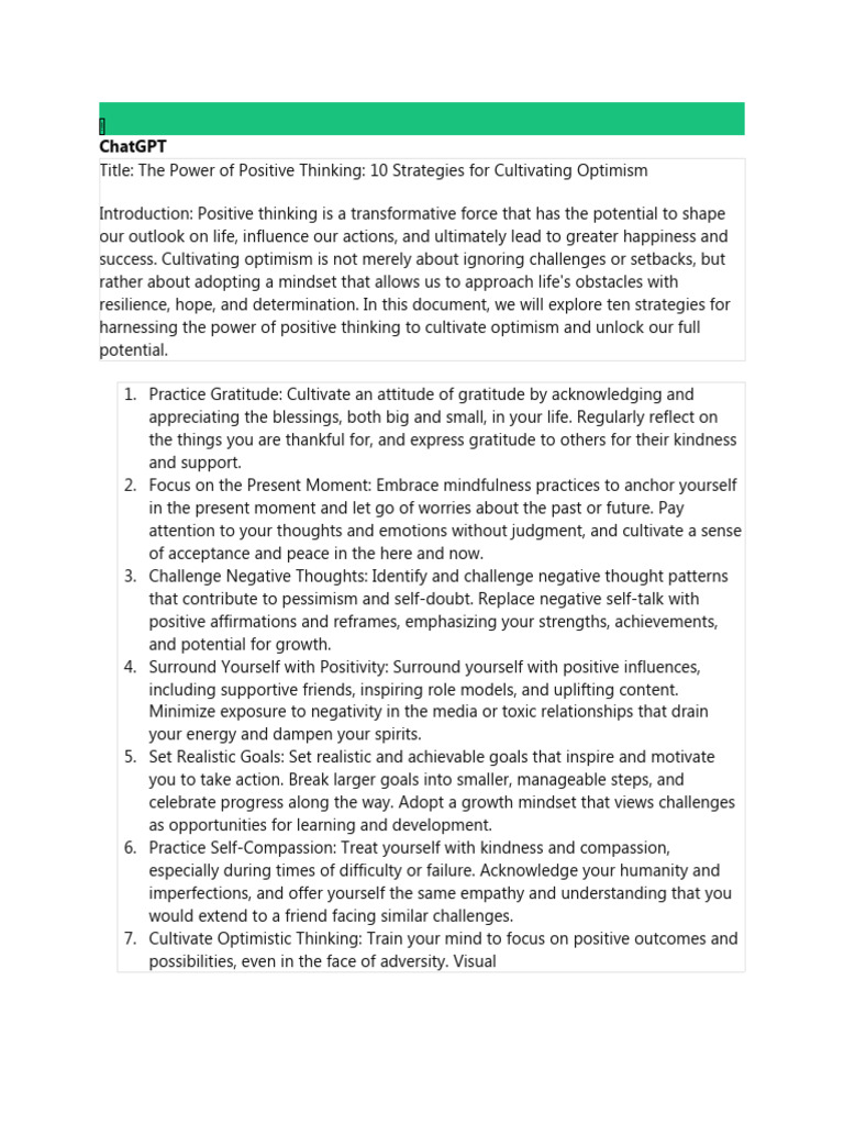 The Power of Positive Thinking 10 Strategies for Cultivating Optimism | PDF | Optimism | Thought