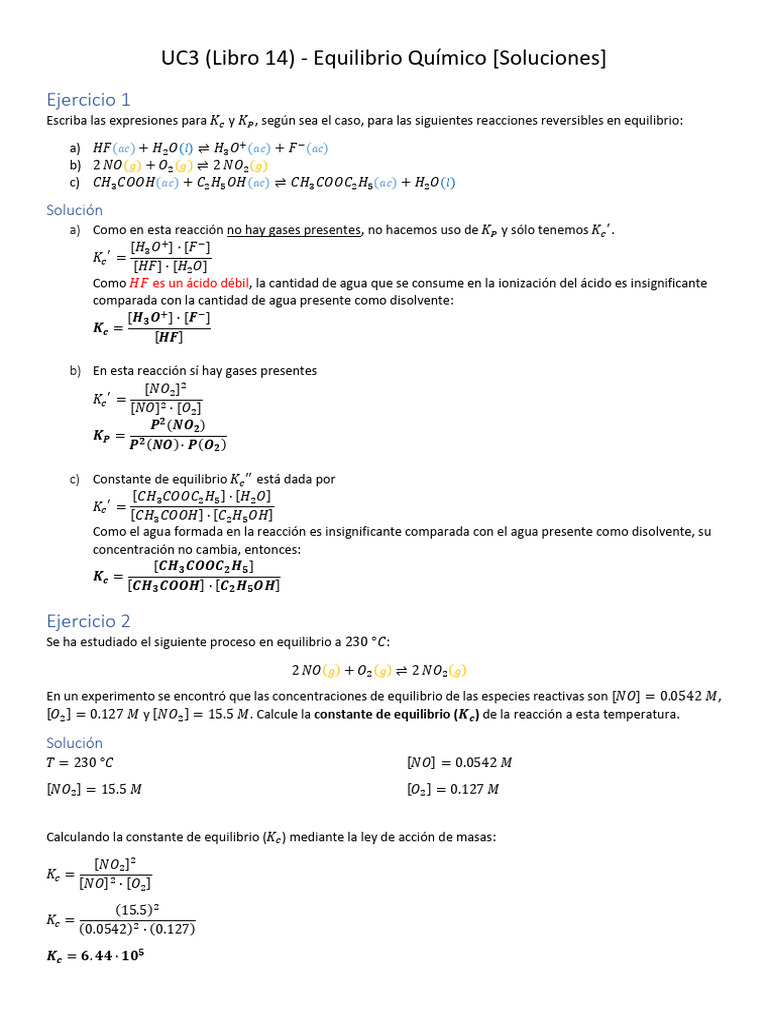 Ejercicios - Equilibrio Químico [Soluciones] | PDF | Equilibrio químico | Catálisis