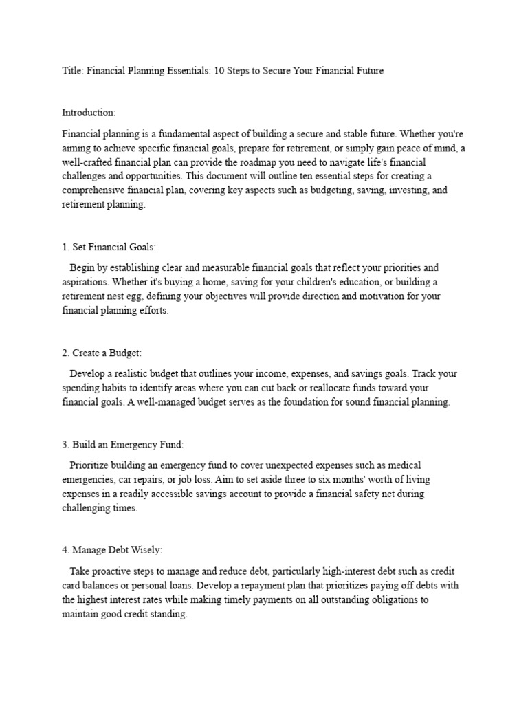 Financial Planning Essentials 10 Steps To Secure Your Financial Future ...
