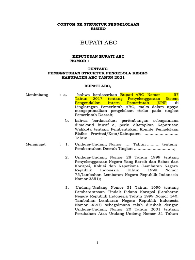 Contoh SK Bupati Tentang Pengelola Risiko | PDF