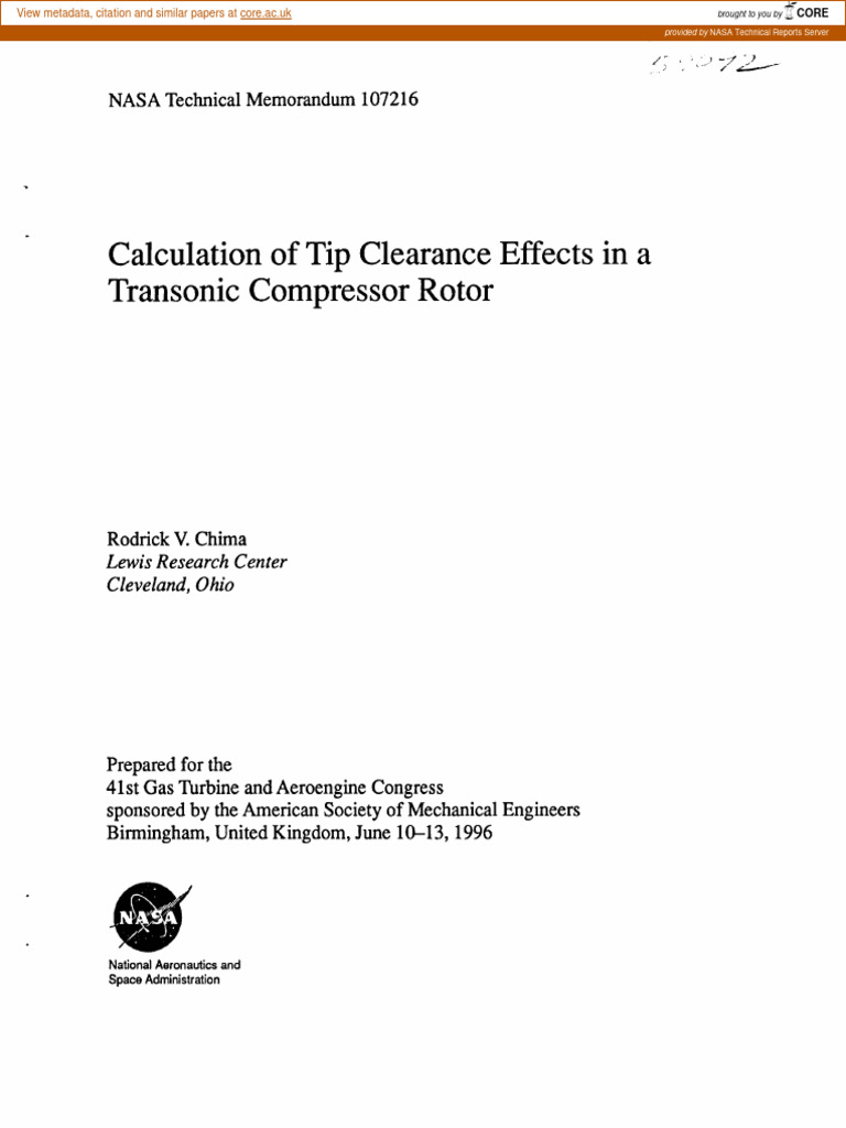 Calculation of Tip Clearance Effects Ina Transonic Compressor Rotor ...