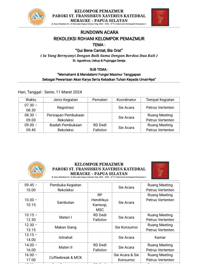 Rundown Acara Rekoleksi Kelompok Pemazmur-1 (TTD) | PDF