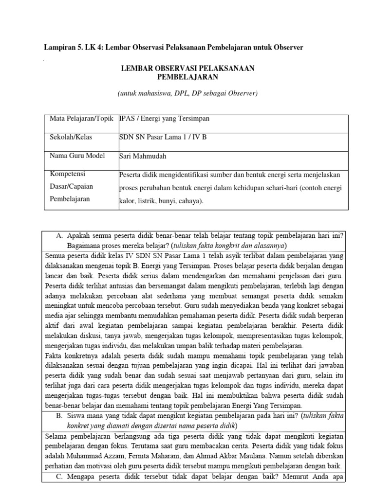 Lembar Observasi Pembelajaran - Siklus 1 Pertemuan 1 | PDF | Karier & Perkembangan