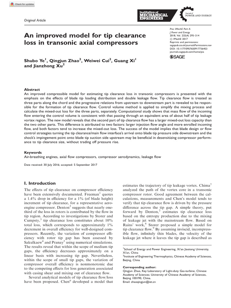 Ye Et Al 2017 An Improved Model For Tip Clearance Loss in Transonic ...