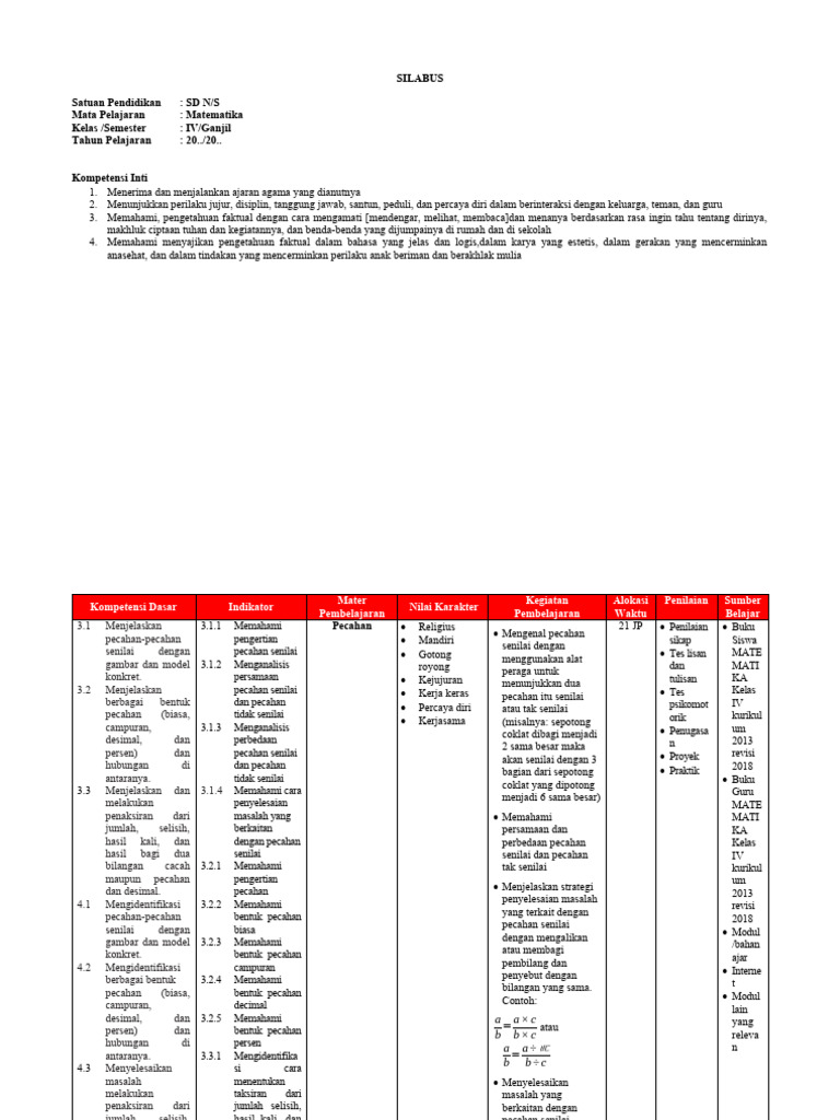 Silabus Matematika Kelas 4 Semester 1 | PDF