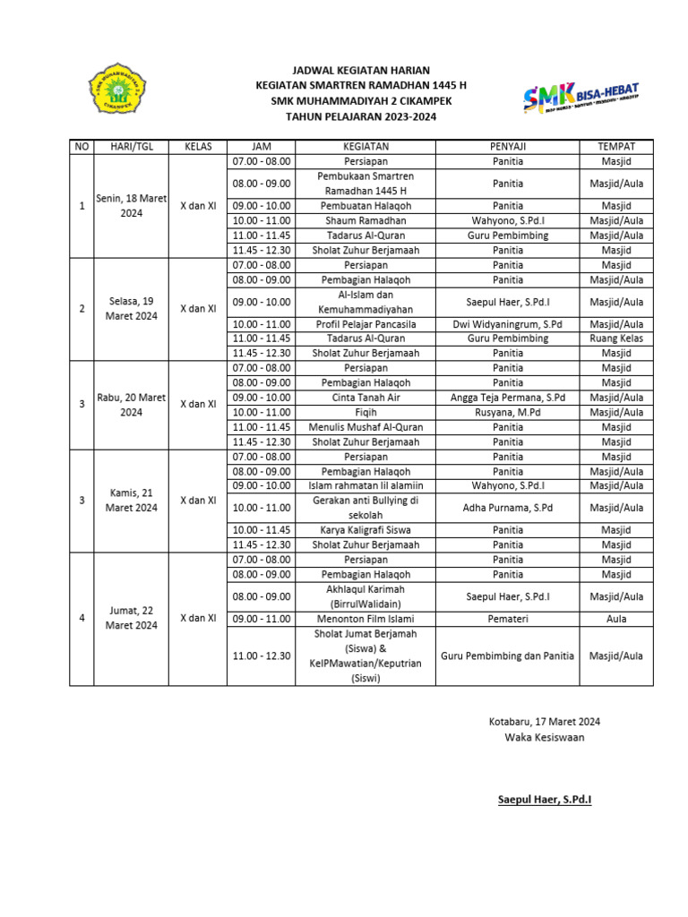 Smartren Ramadhan Jadwal SMK | PDF