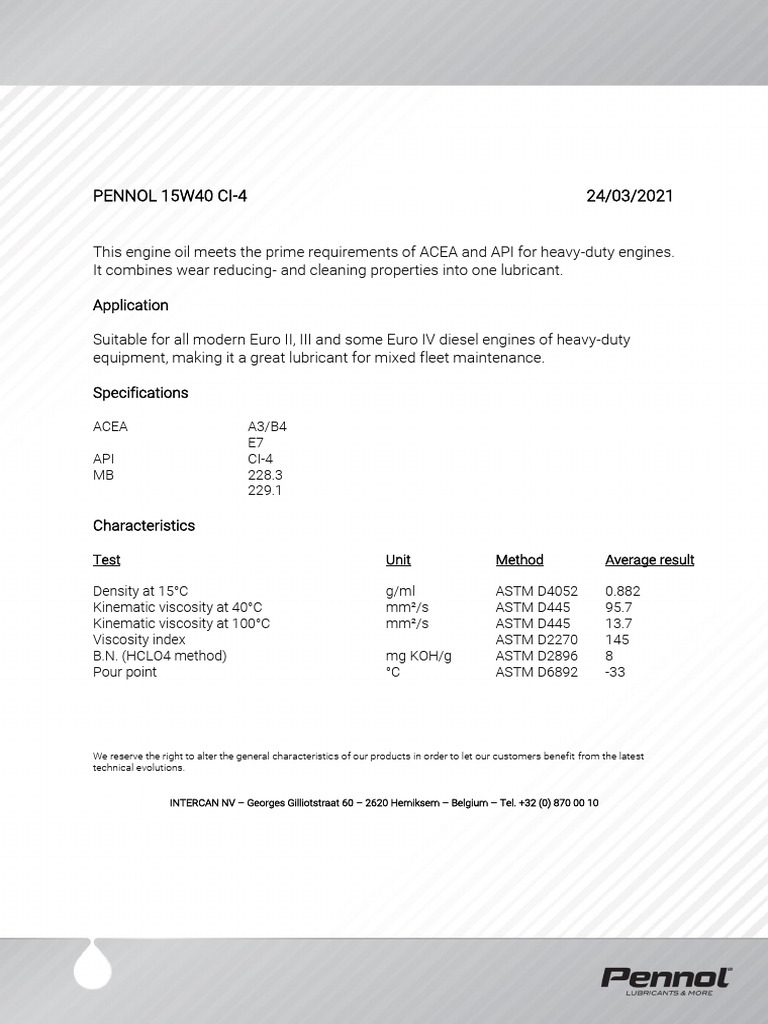 Pennol 15W40 CI-4 Engine Oil Specifications | PDF | Technology ...