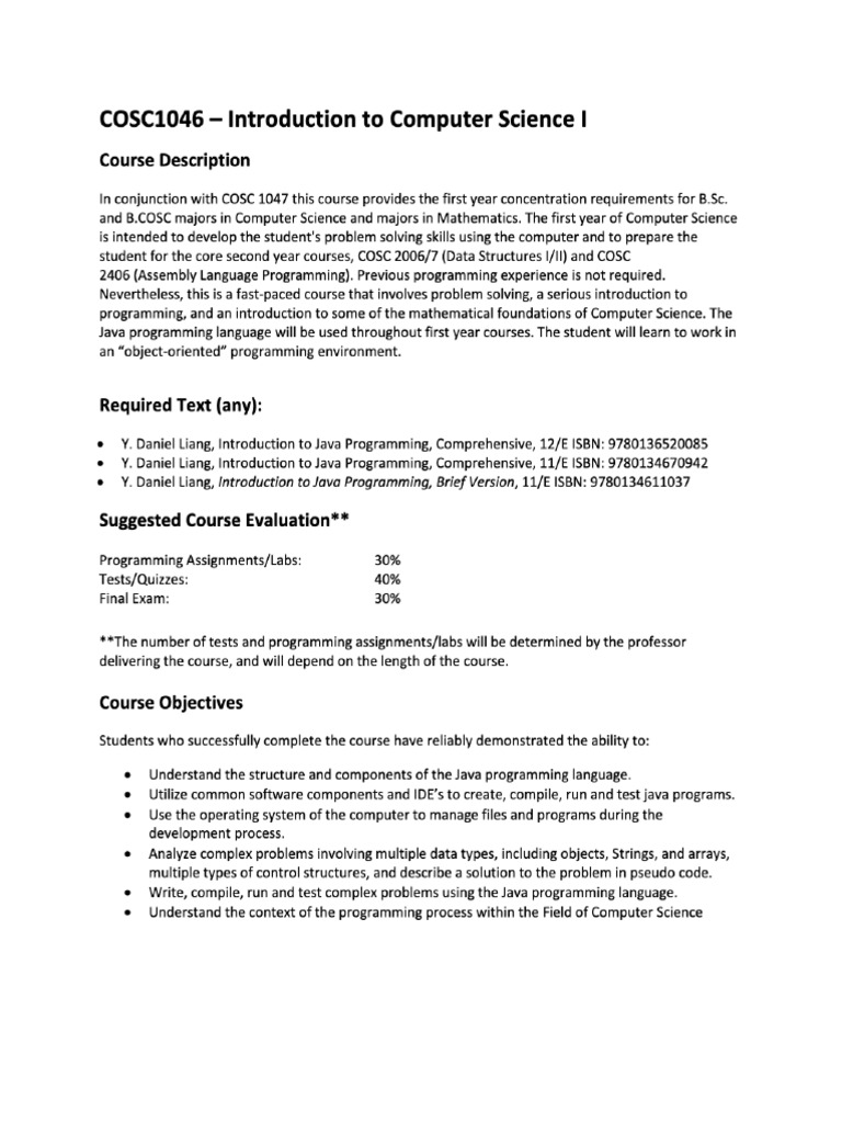 Course Syllabus - COSC 1046 Section K & LAB K - 24W | PDF