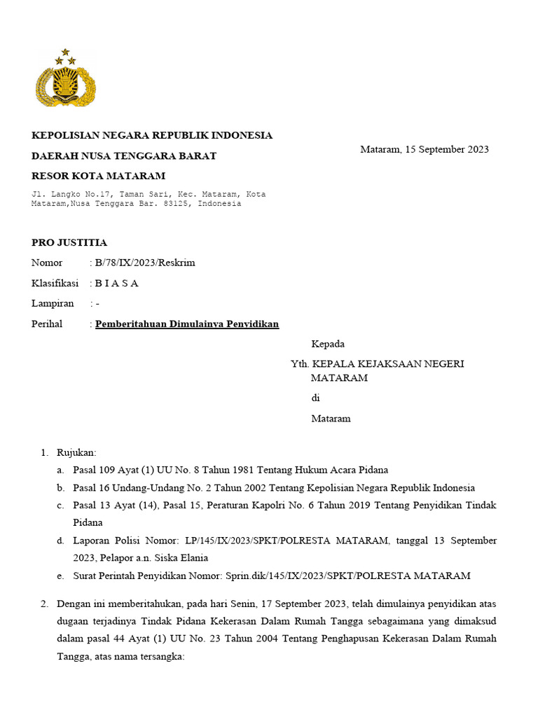 Contoh SPDP KDRT | PDF