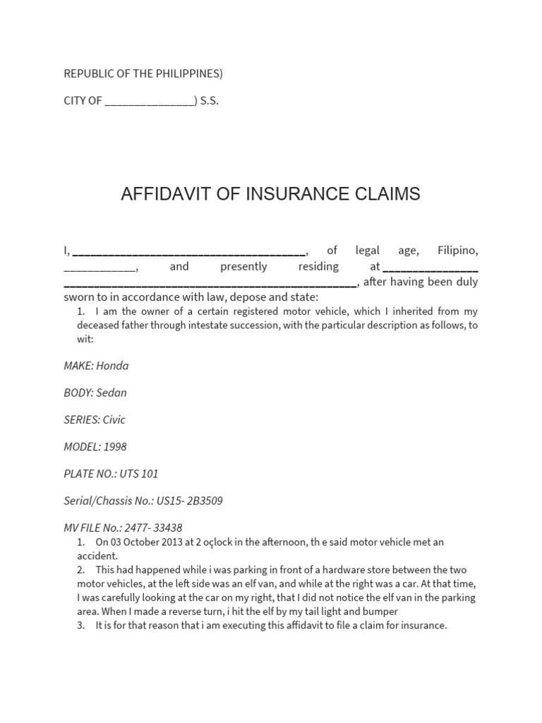 AFFIDAVIT OF INSURANCE CLAIM | PDF