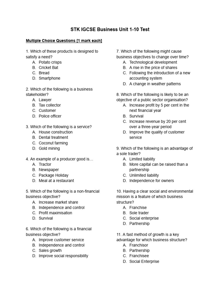 STK IGCSE Business Unit 1-10 Test | PDF | Business