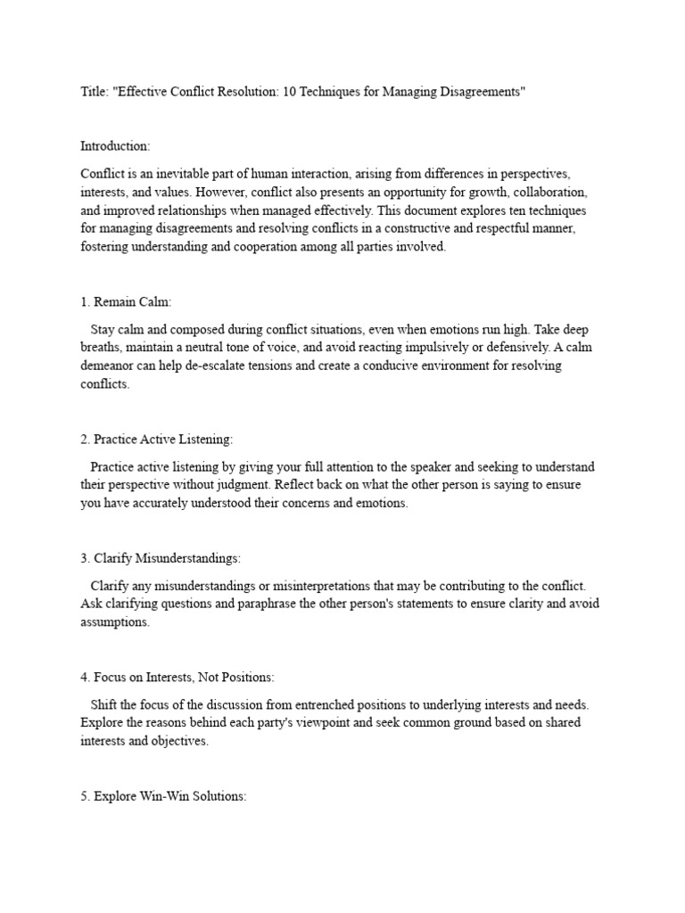 Effective Conflict Resolution 10 Techniques For Managing Disagreemen | PDF