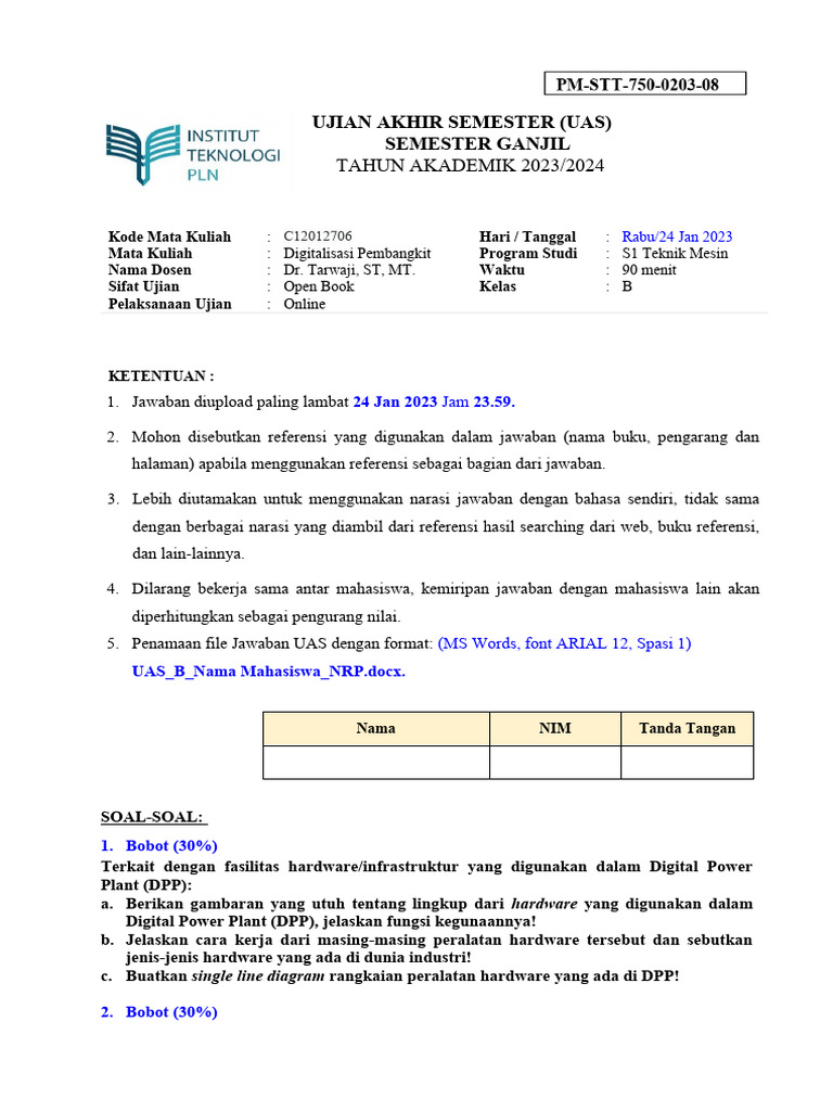 SOAL UAS 20231 C12012706 Digitalisasi Pembangkit Kelas B 1 | PDF
