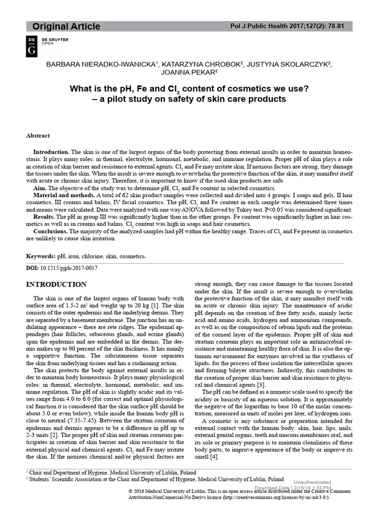 pH, Cl2, and Fe in Skin Care Products | PDF | Allergy | Dermatitis