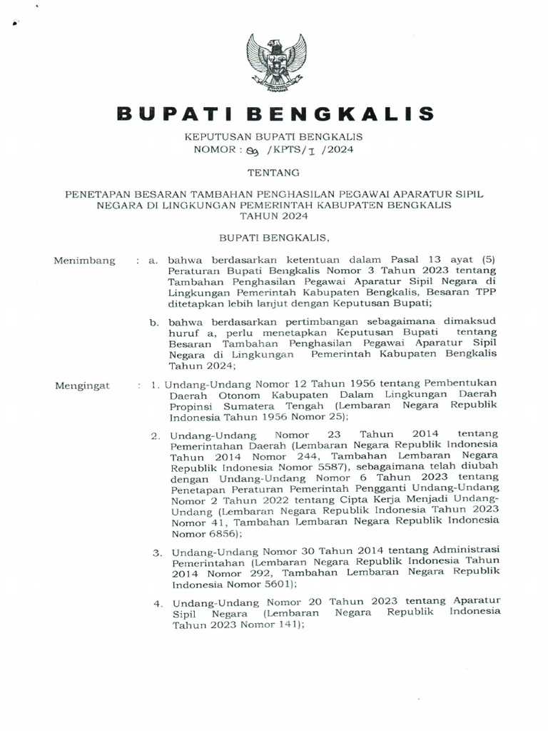 SK Tentang Besaran TPP Asn Tahun 2024 | PDF