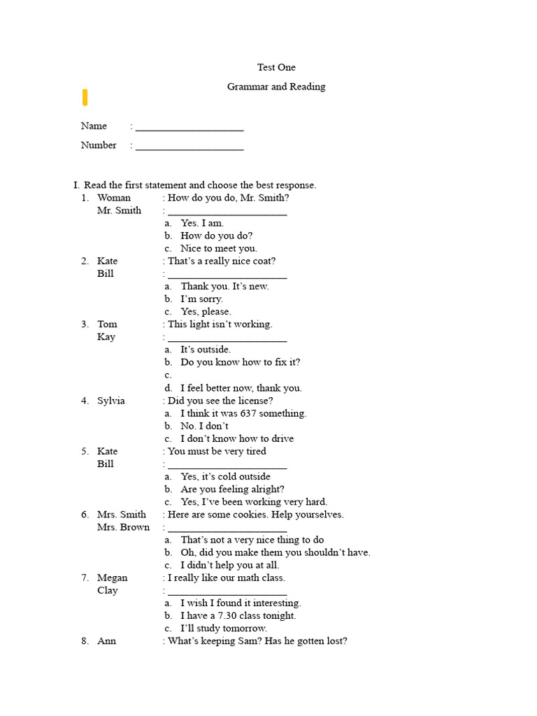 Test One Grammar and Reading | PDF