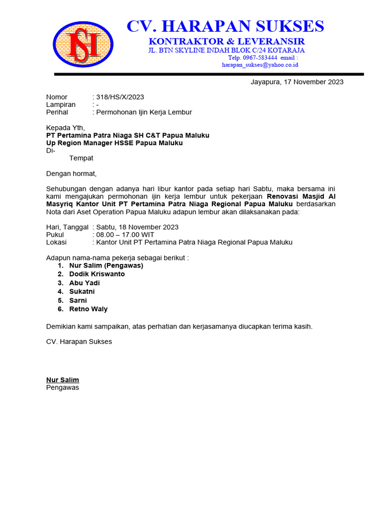 Surat Ijin Kerja Lembur | PDF