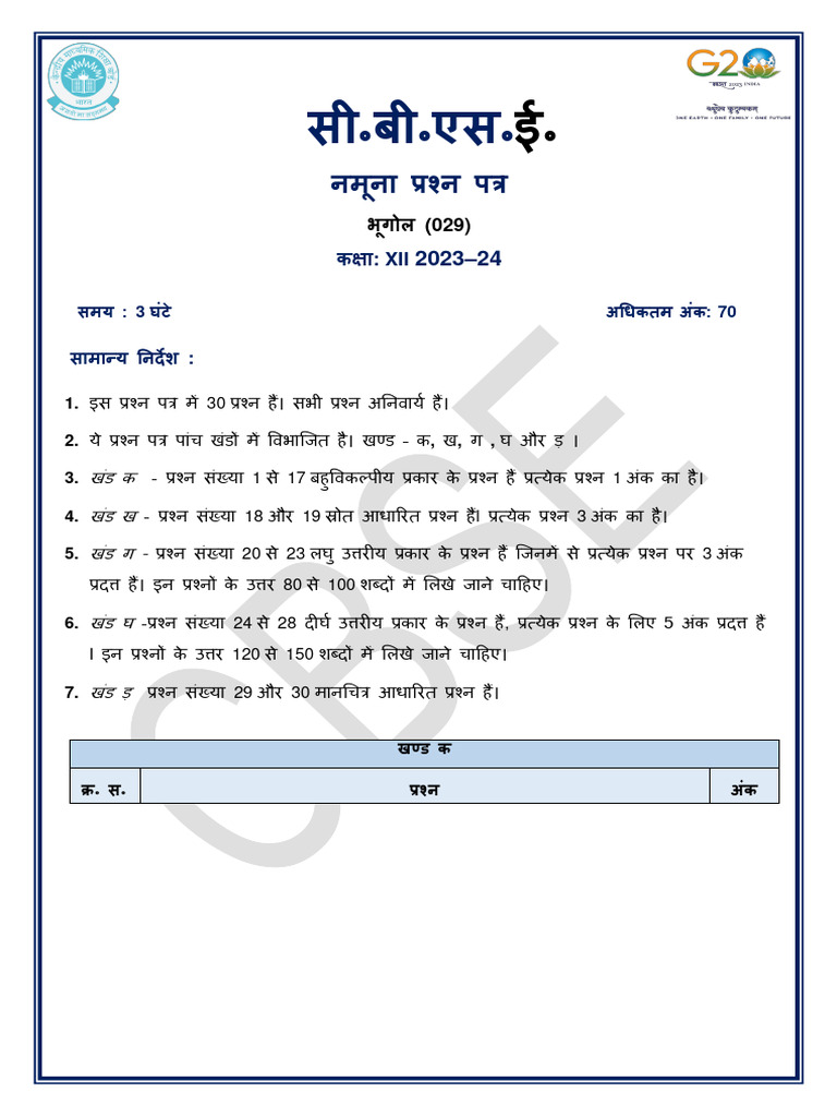 Geography-SQP (6), HINDI VERSION | PDF