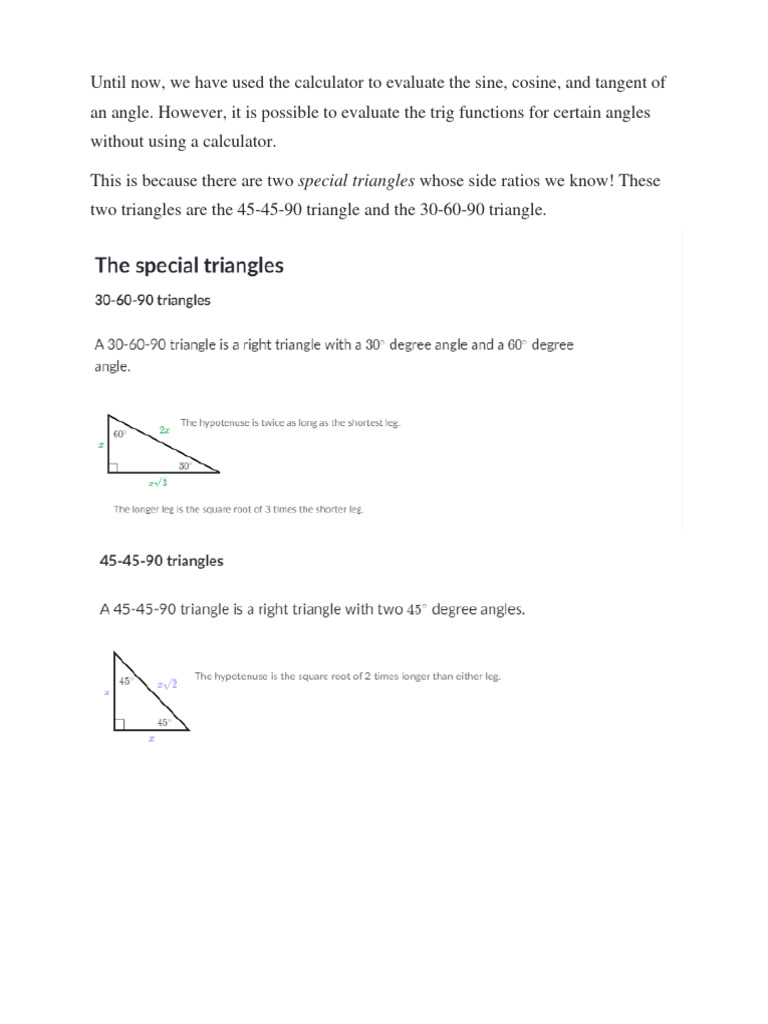 Trig Ratios of Special Triangles | PDF