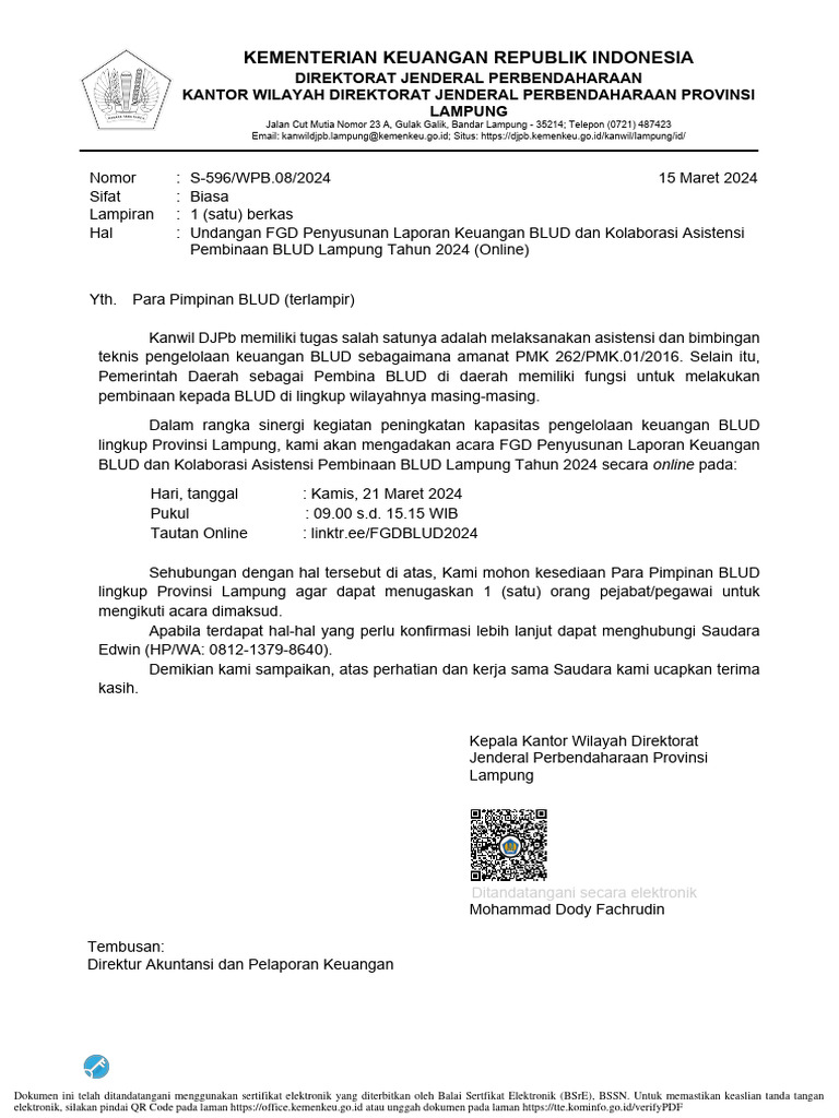 Undangan FGD BLUD 2024 (Online) | PDF | Pengelolaan Keuangan & Uang