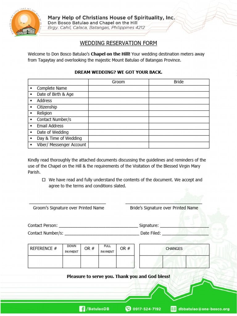 Wedding Reservation Form COH. 1 | PDF | Law